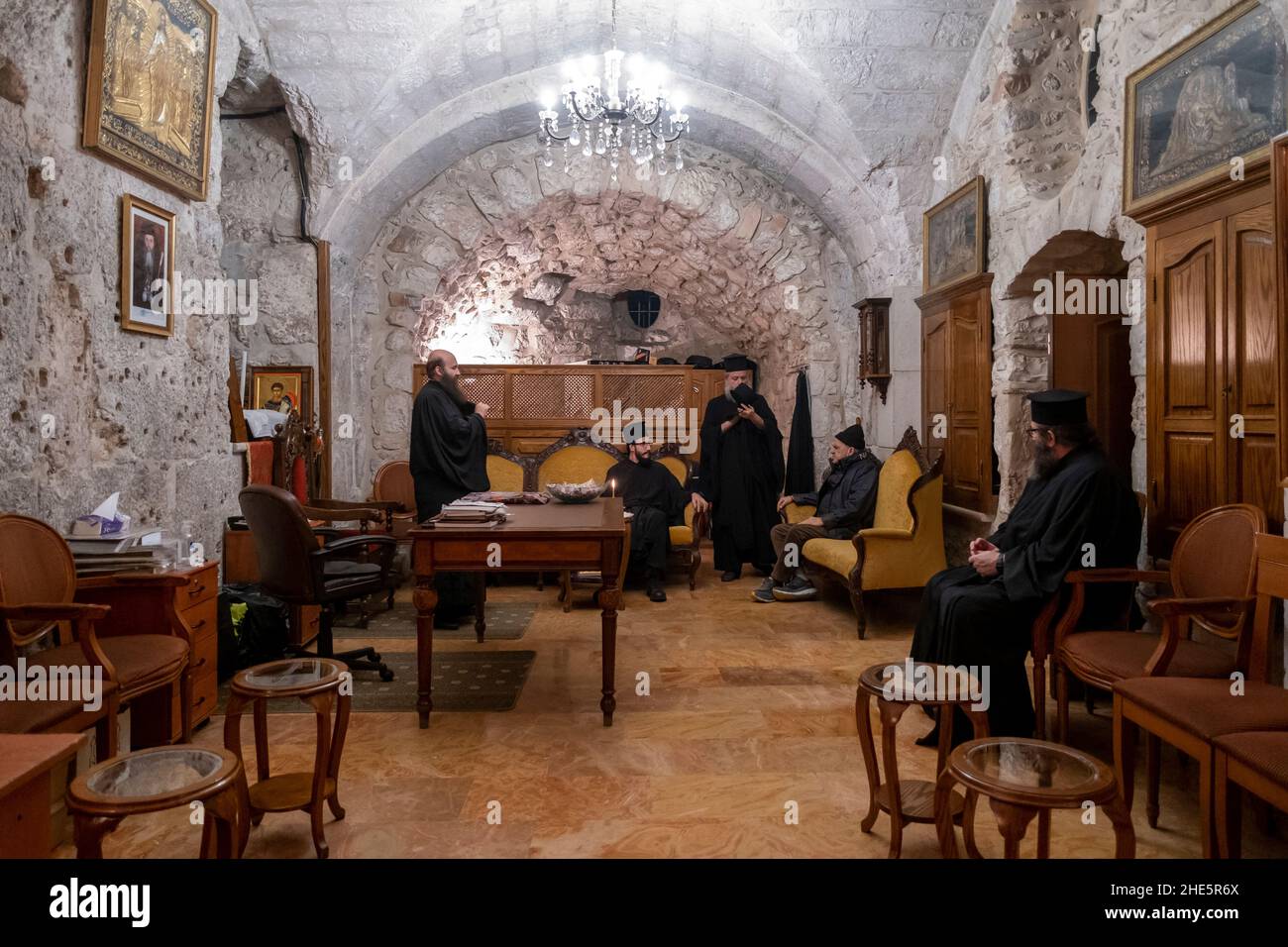 Orthodox Greek priests at the reception room of the Greek Treasury ...
