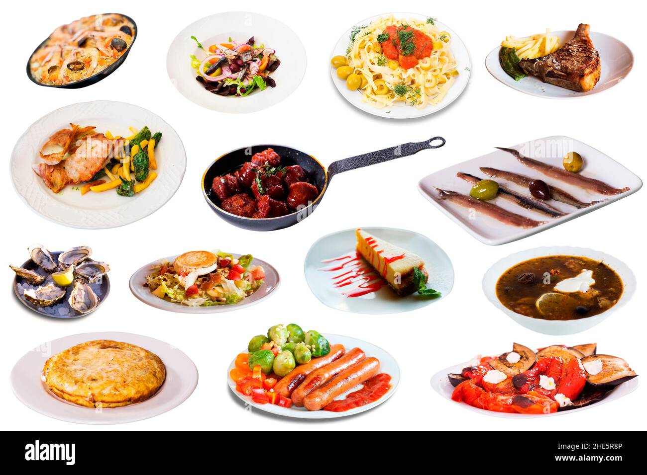 Set of many plates with tasty food over white background Stock Photo ...