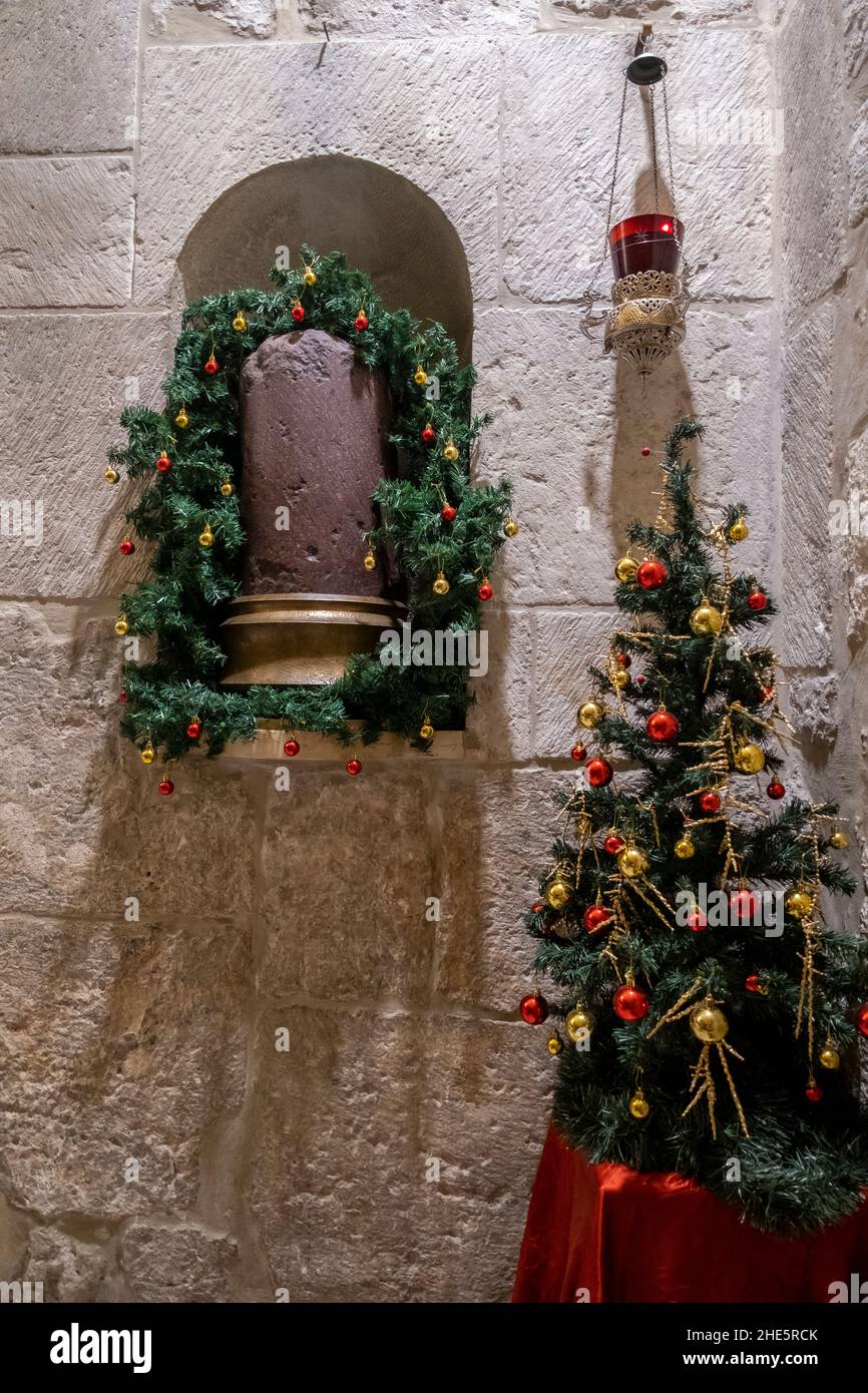 Christmas tree placed next to the Column of the Flagellation of Jesus ...