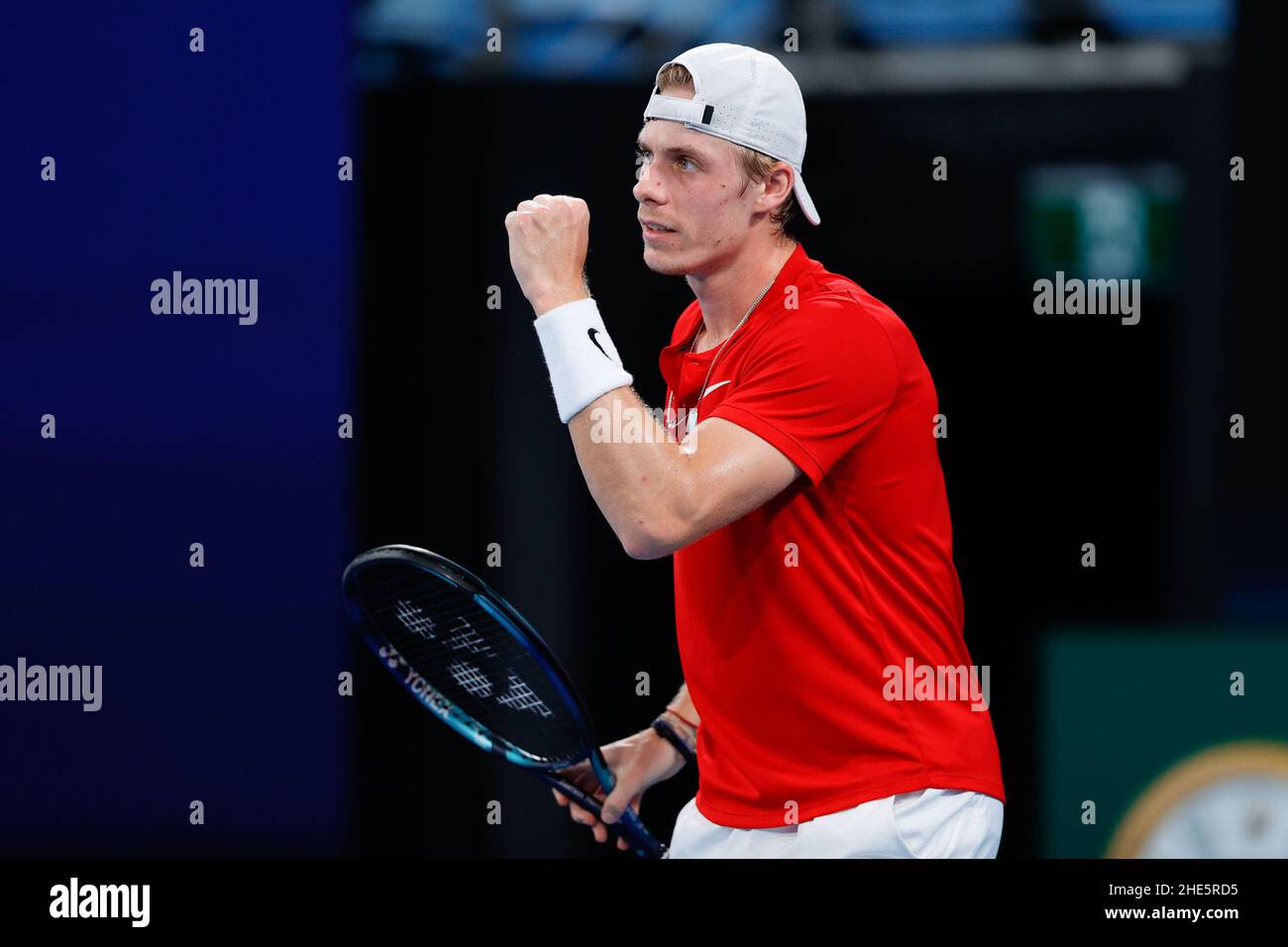 Sydney, Australia. 09th Jan, 2022. Denis Shapovalov of Team Canada pumps his fist against Pablo ...