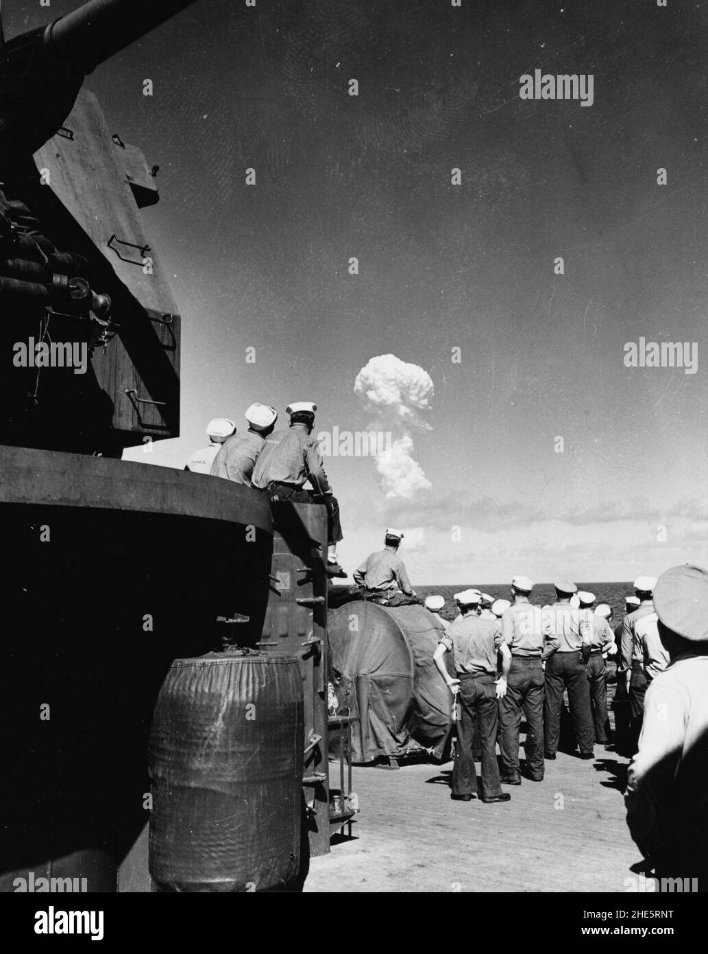 Sailors watch the Able test atomic bomb cloud from USS Fall River (CA ...