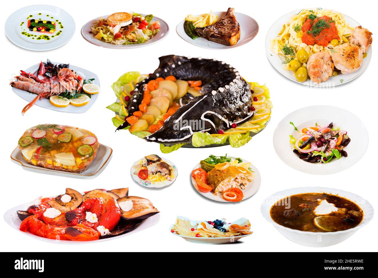 View of many plates with different food over white background Stock ...