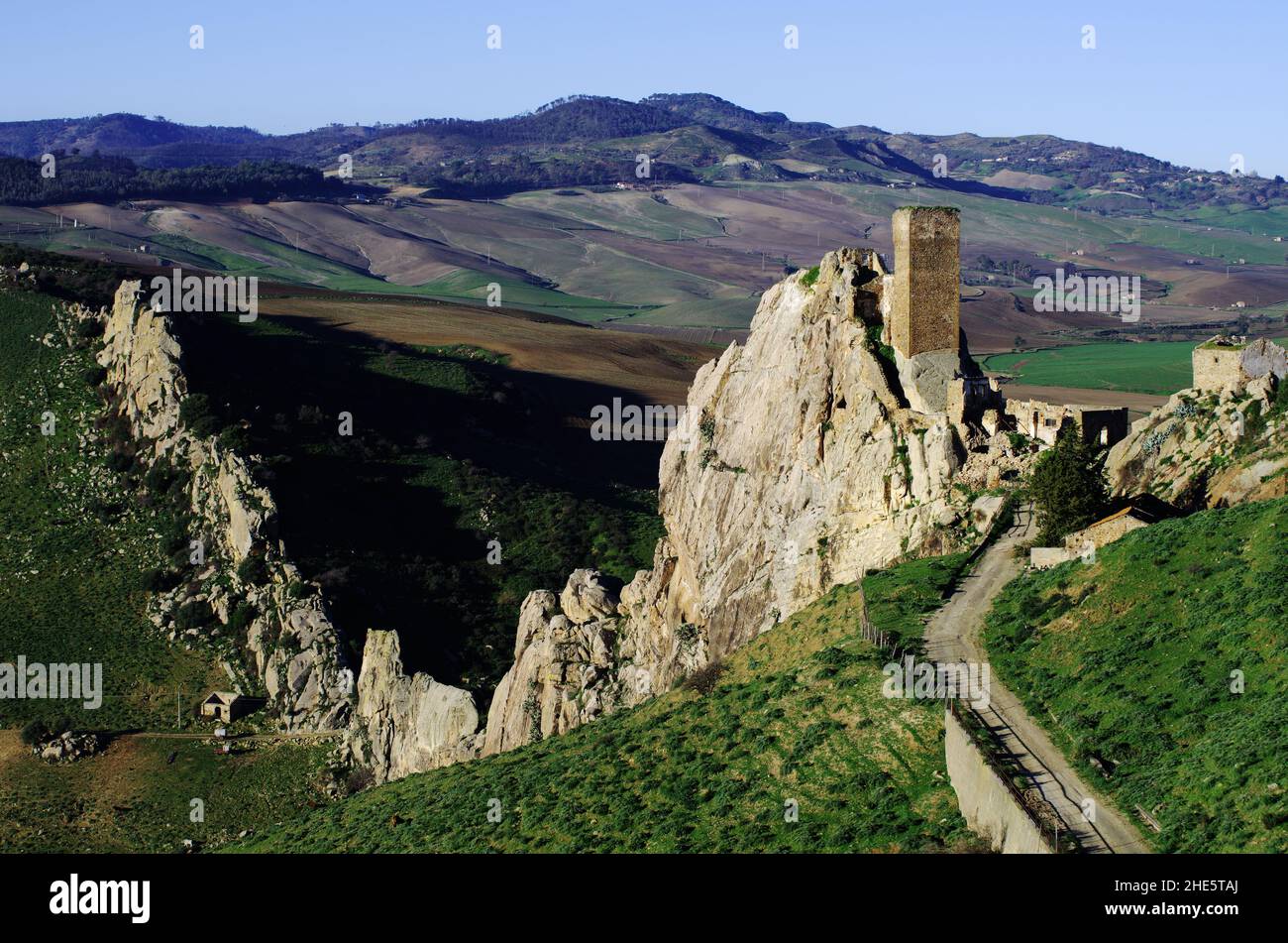landscape history in Sicily the tower of Pietratagliata Castle on rock ...