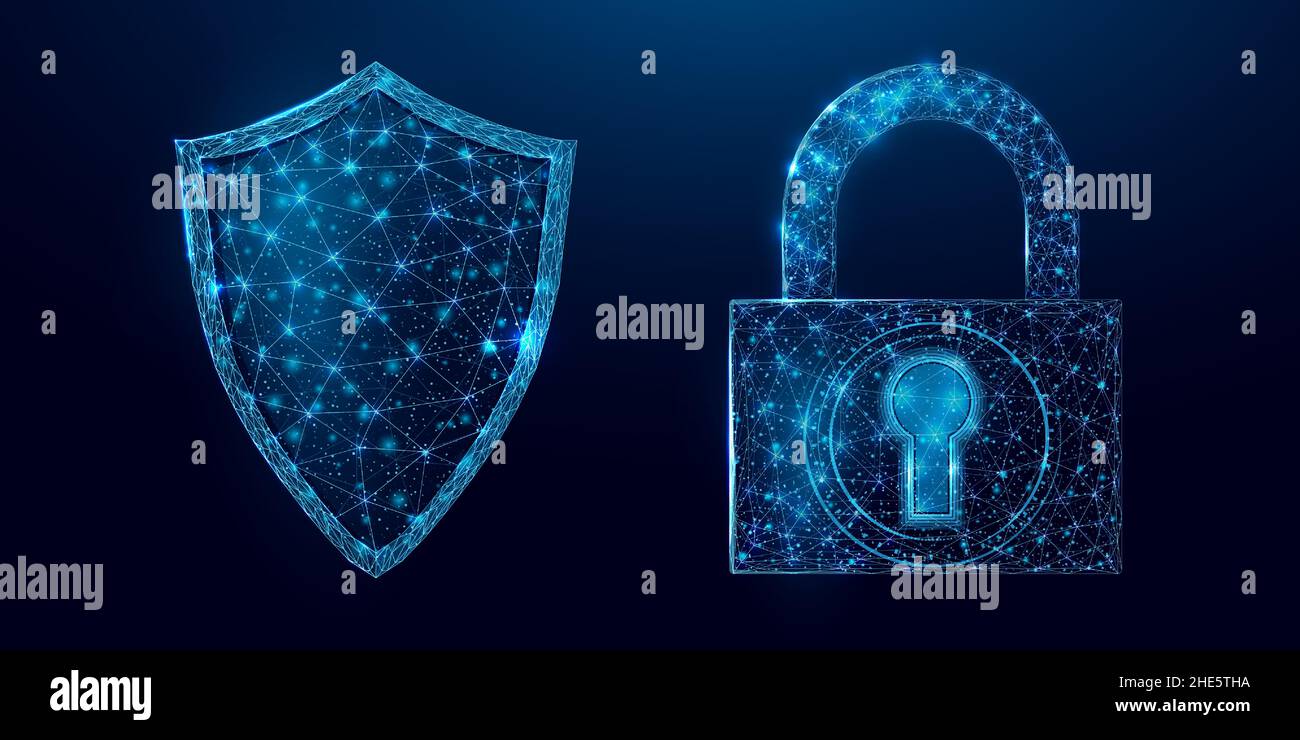 Guard shield and padlock. Cyber security concept with glowing low poly shield and lock on dark ...