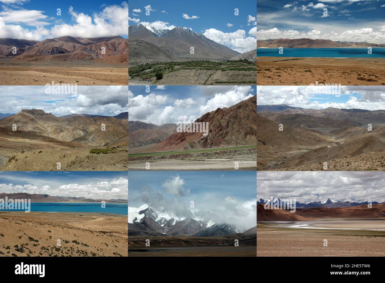 Set of nine Tibetan landscape with hills, mountains and lakes against ...