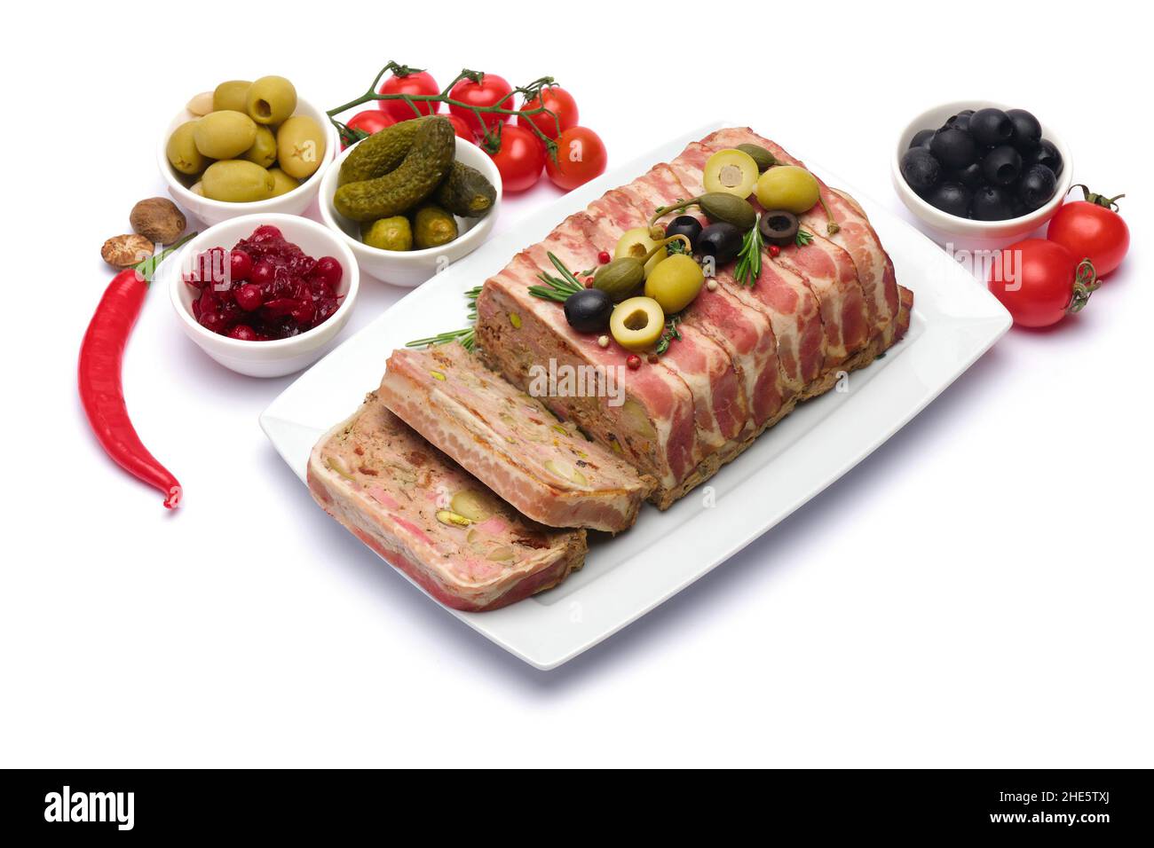 Traditional French terrine covered with bacon isolated on white ...