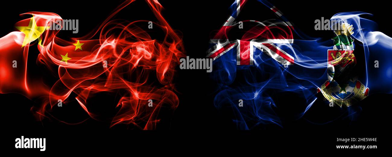 Flags of China, Chinese vs British, Britain, Cayman Islands. Smoke flag ...
