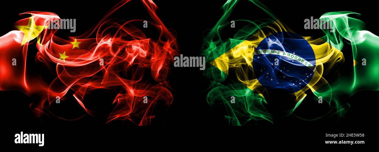 Flags of China, Chinese vs Brazil, Brazilian. Smoke flag placed side by ...
