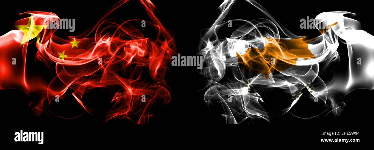 Flags of China, Chinese vs Cyprus, Cypriot. Smoke flag placed side by ...