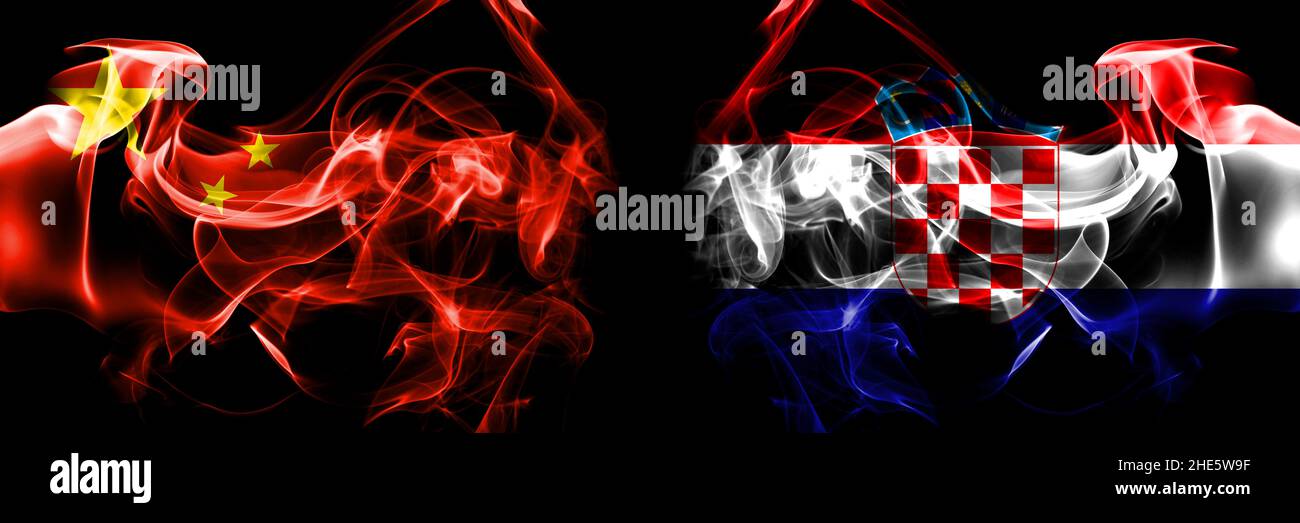 Flags of China, Chinese vs Croatia, Croatian. Smoke flag placed side by ...