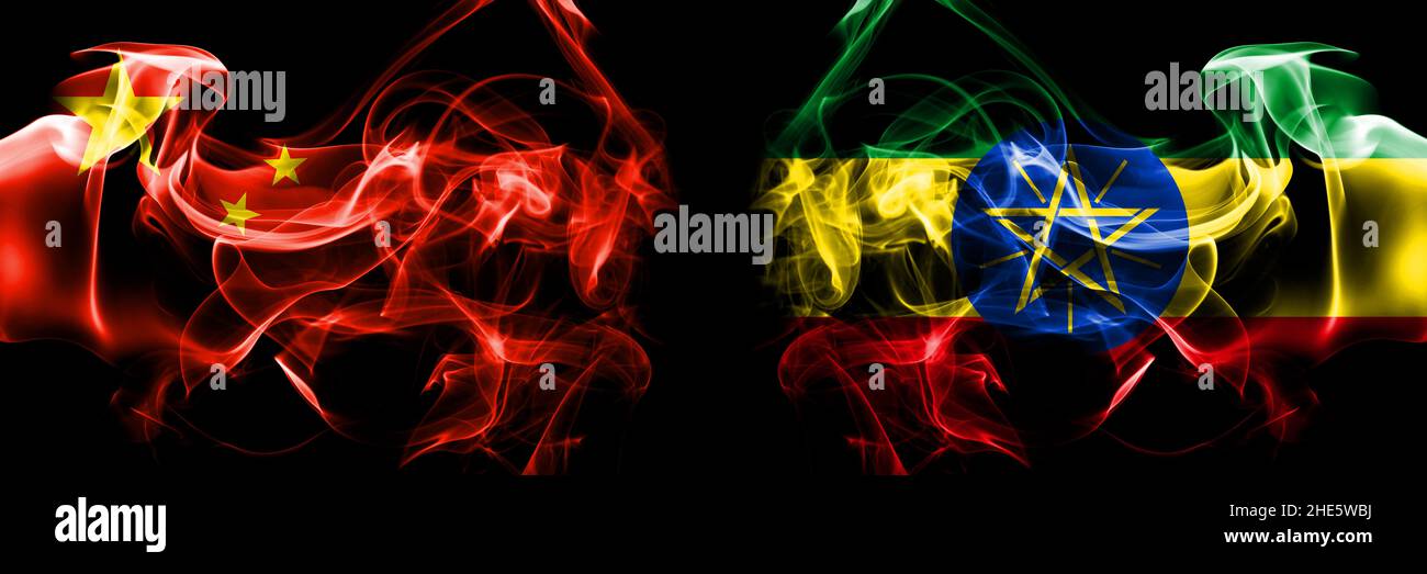 Flags of China, Chinese vs Ethiopia, Ethiopian. Smoke flag placed side ...