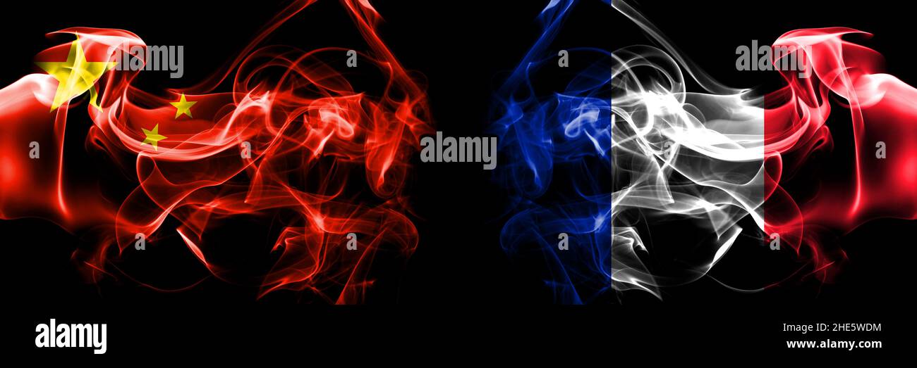 Flags of China, Chinese vs France, French. Smoke flag placed side by ...