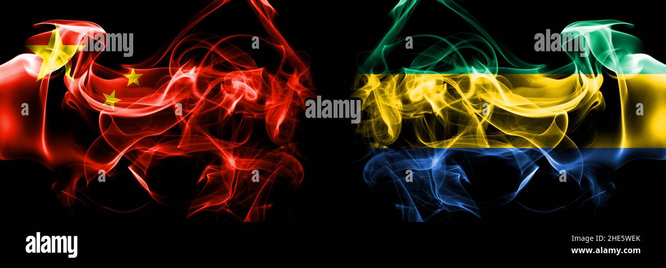 Flags of China, Chinese vs Gabon, Gabonese, Gabonian. Smoke flag placed ...