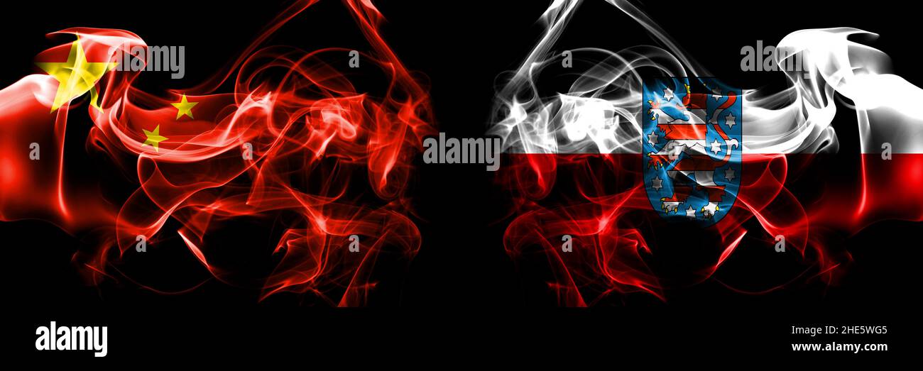 Flags of China, Chinese vs Geremany Thuringia, state. Smoke flag placed ...