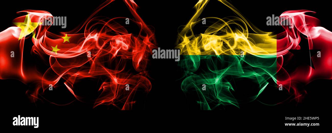 Flags of China, Chinese vs Guinea Bissau. Smoke flag placed side by ...