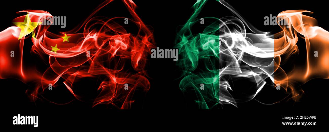 Flags of China, Chinese vs Ireland, Irish. Smoke flag placed side by ...