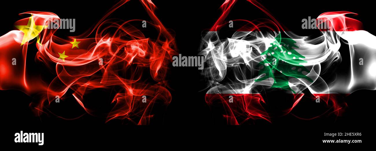 Flags of China, Chinese vs Lebanon, Lebanese. Smoke flag placed side by ...