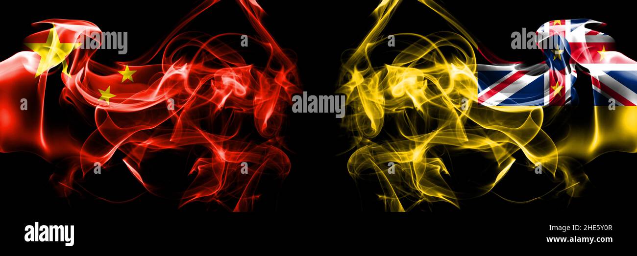 Flags of China, Chinese vs New Zealand, Niue. Smoke flag placed side by ...