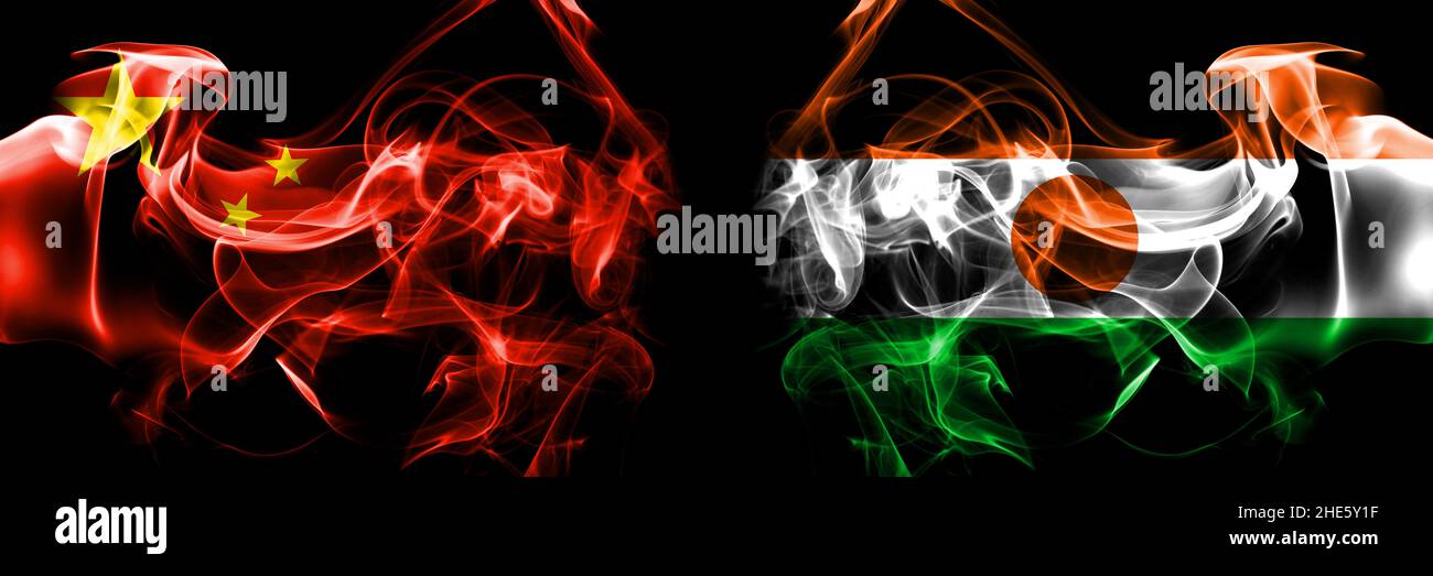 Flags of China, Chinese vs Niger, Nigerien. Smoke flag placed side by ...
