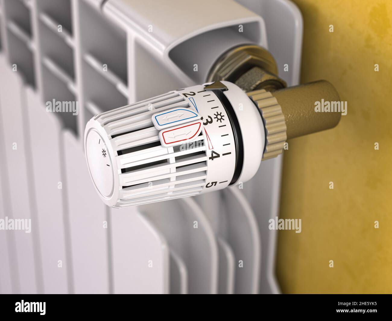 Thermostatic radiator valve close up. Temperature control and ...