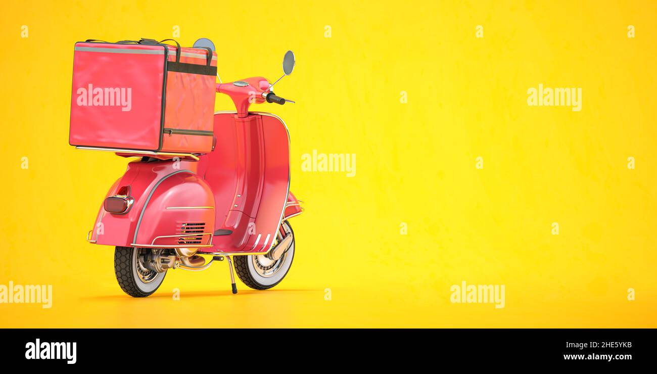 Scooter express delivery service. Pink motor bike with delivery bag on ...