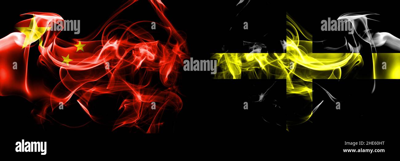 Flags of China, Chinese vs Wales, Welsh, Saint David. Smoke flag placed ...