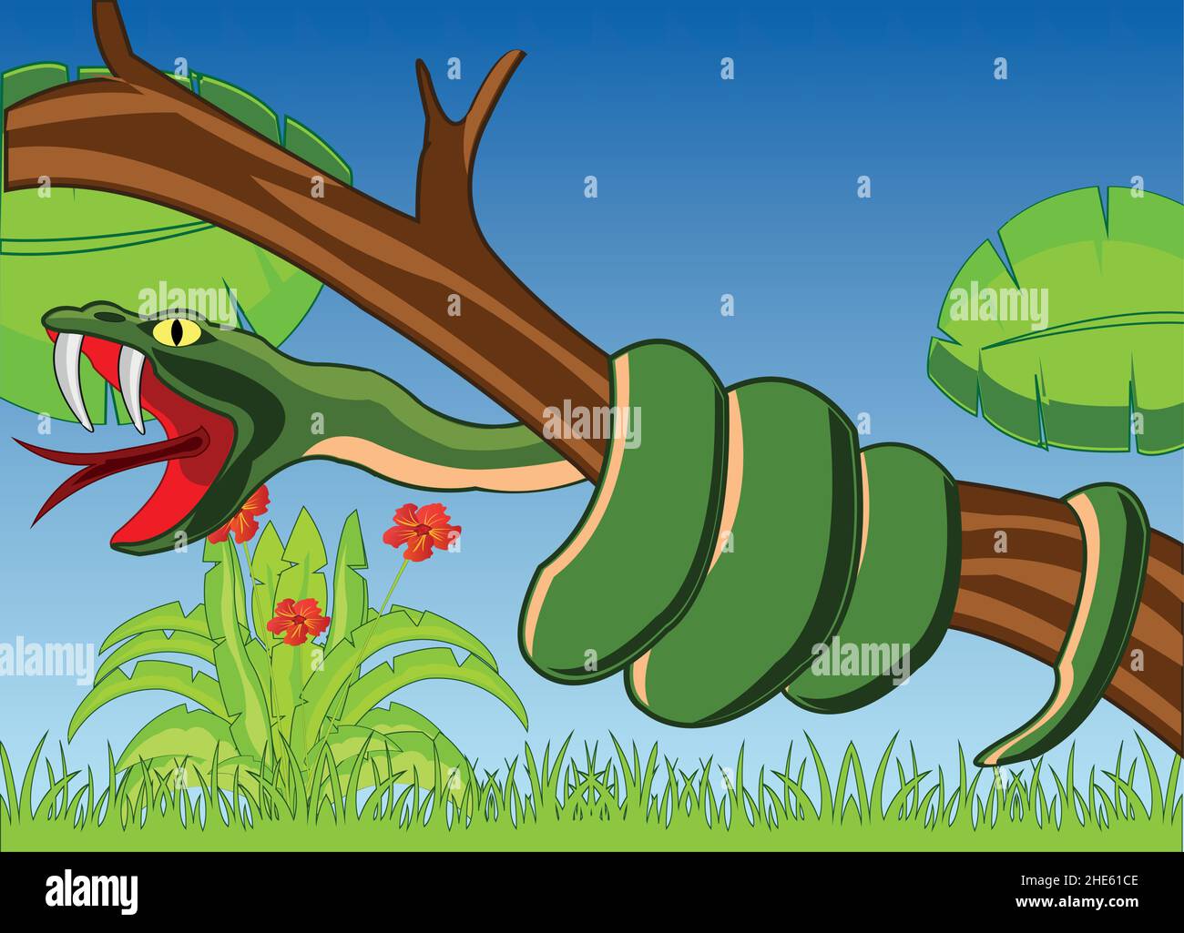 Vector illustration snake on tree in flowering jungle Stock Vector ...