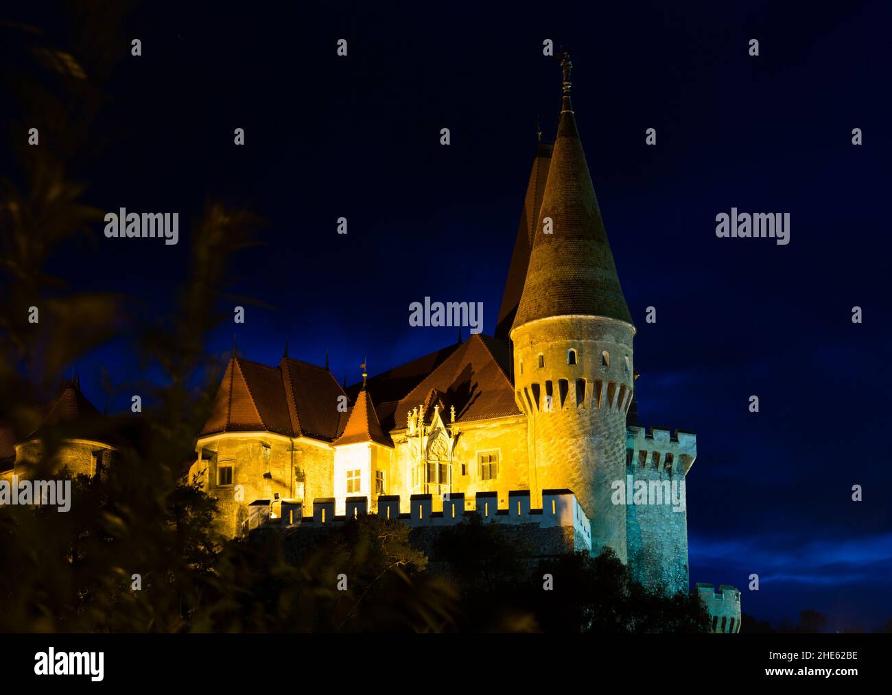 Night landscape with illuminated Corvin Castle, Romania Stock Photo - Alamy