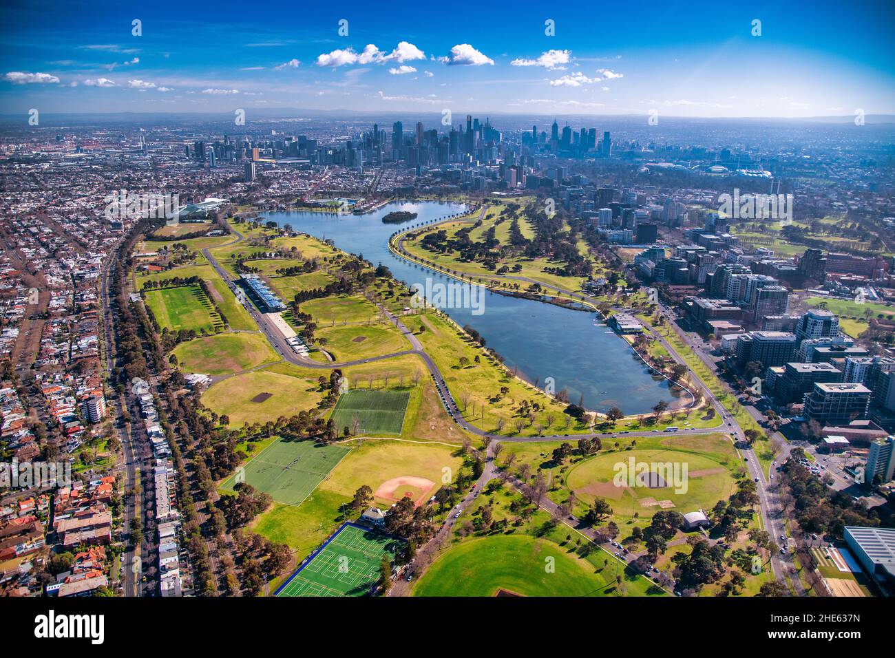 Melbourne, Australia. Aerial city skyline from helicopter. Skyscrapers ...
