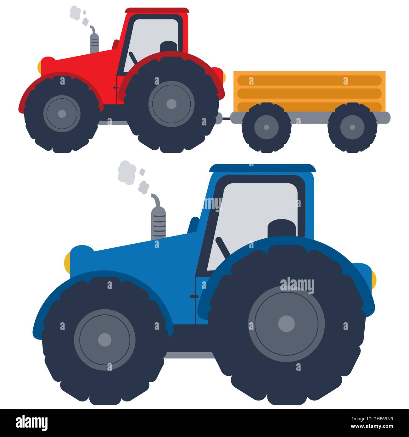 Farmer tractors with trailer on white background. Red and blue tractors ...