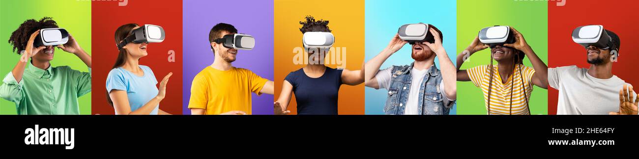 VR technology. Collage of young people wearing virtual reality glasses ...
