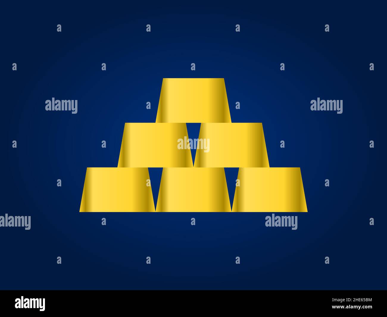 Gold bars pyramid on blue background. Shiny gold ingots stack. Business success idea. Wealth ...