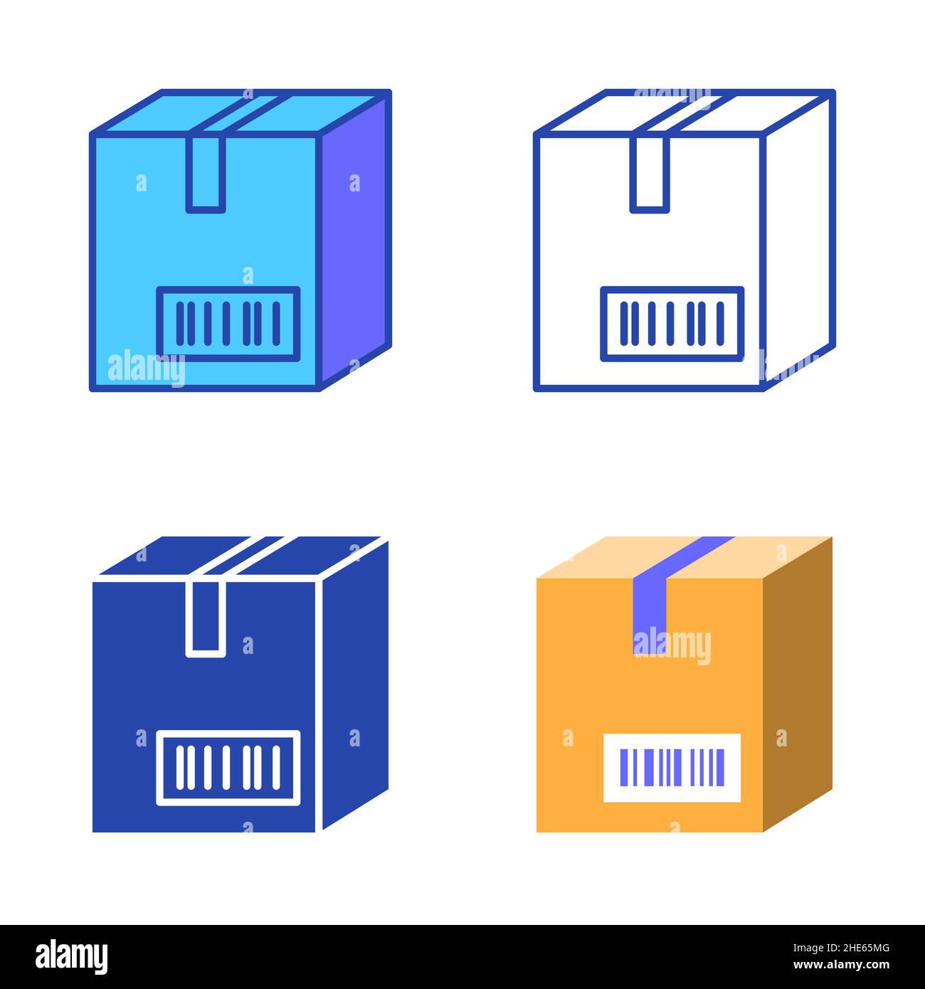 Package box with barcode icon set in flat and line style. Vector ...