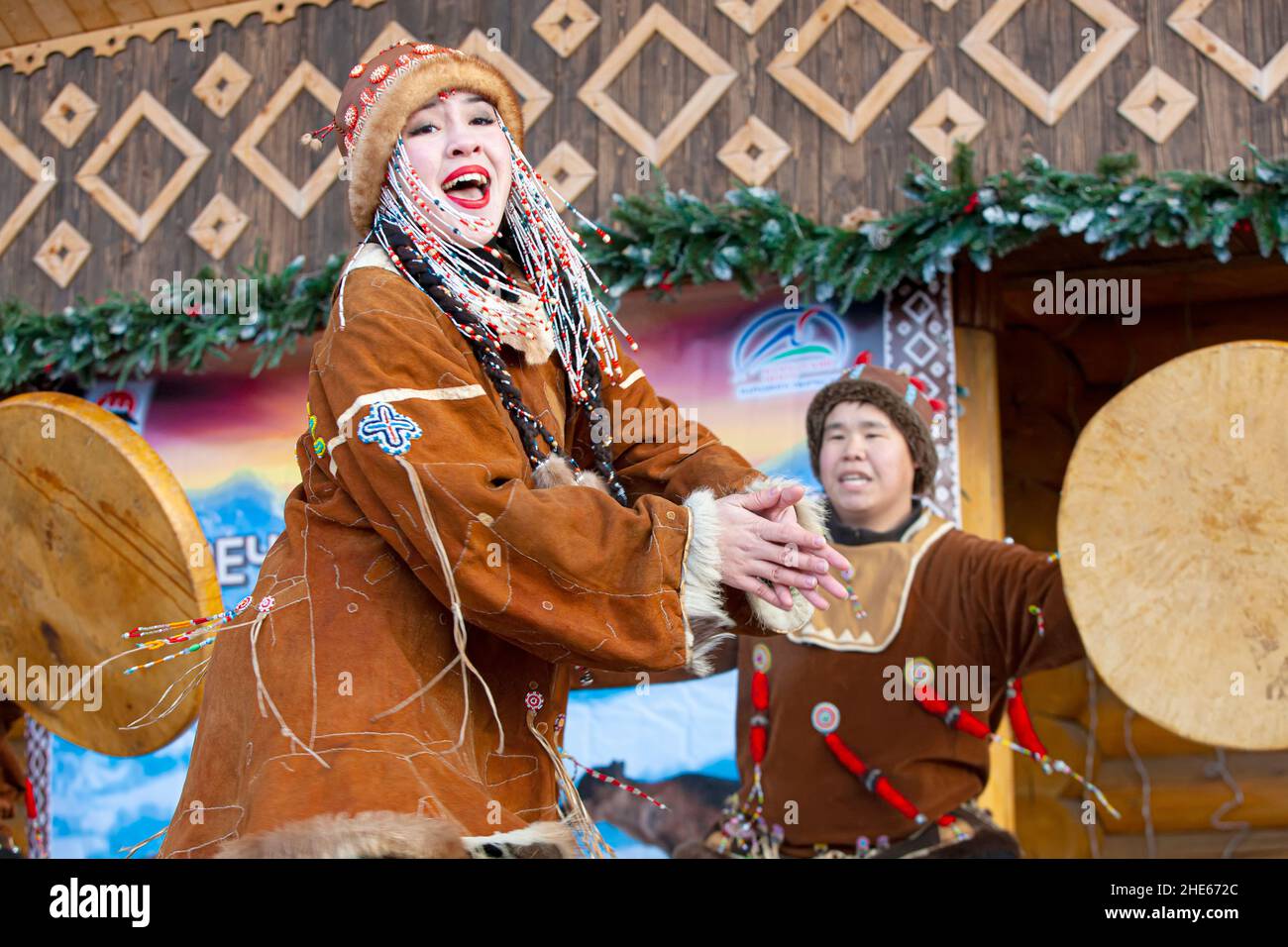 Folk ensemble performance in dress of indigenous people of Kamchatka ...