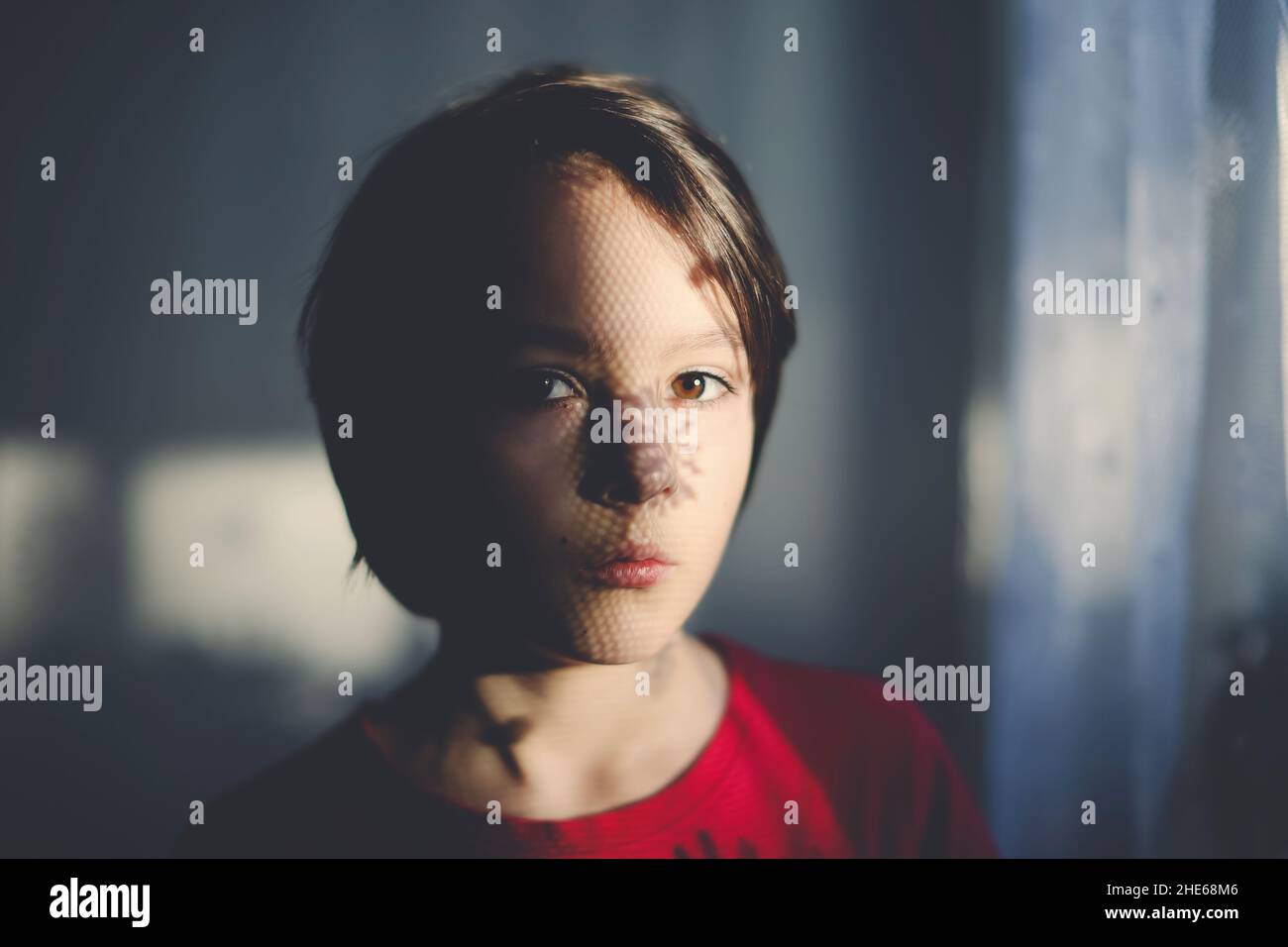 Artistic portrait of a teenage boy, standing next to a window, shadows ...