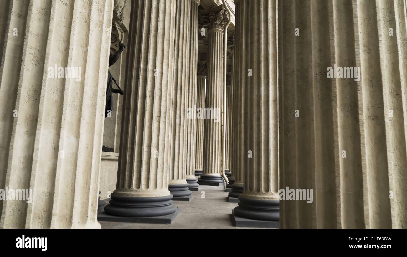 Corinthian columns of Kazan Cathedral, Saint-Petersburg, Russia. Bottom view of the beautiful ...