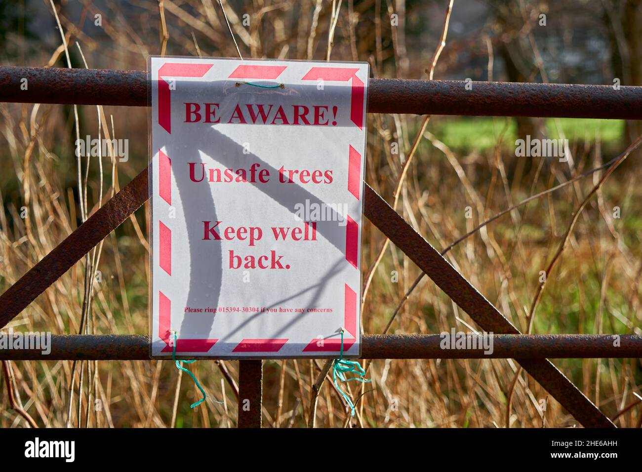 Red and white sign tied to a field gate warning of unsafe trees after ...