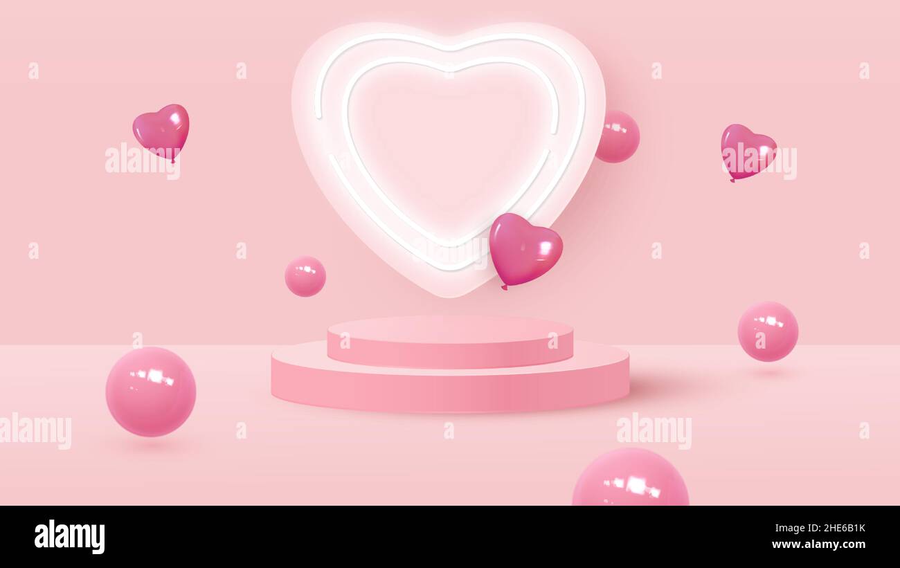 Minimalist stage with pink cylindrical podium, heart-shaped frame and ...