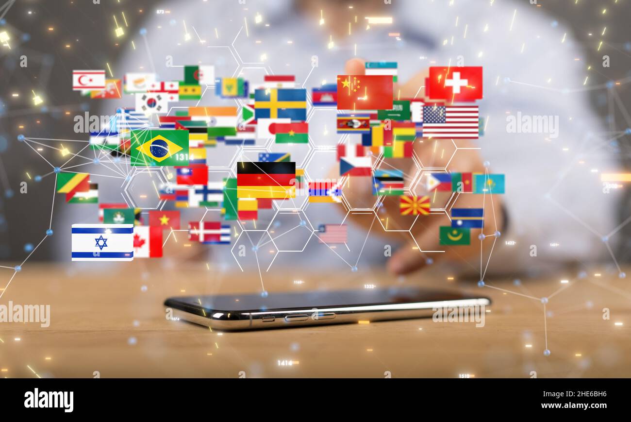 3D rendering of the world's national flags on a blurry background Stock ...