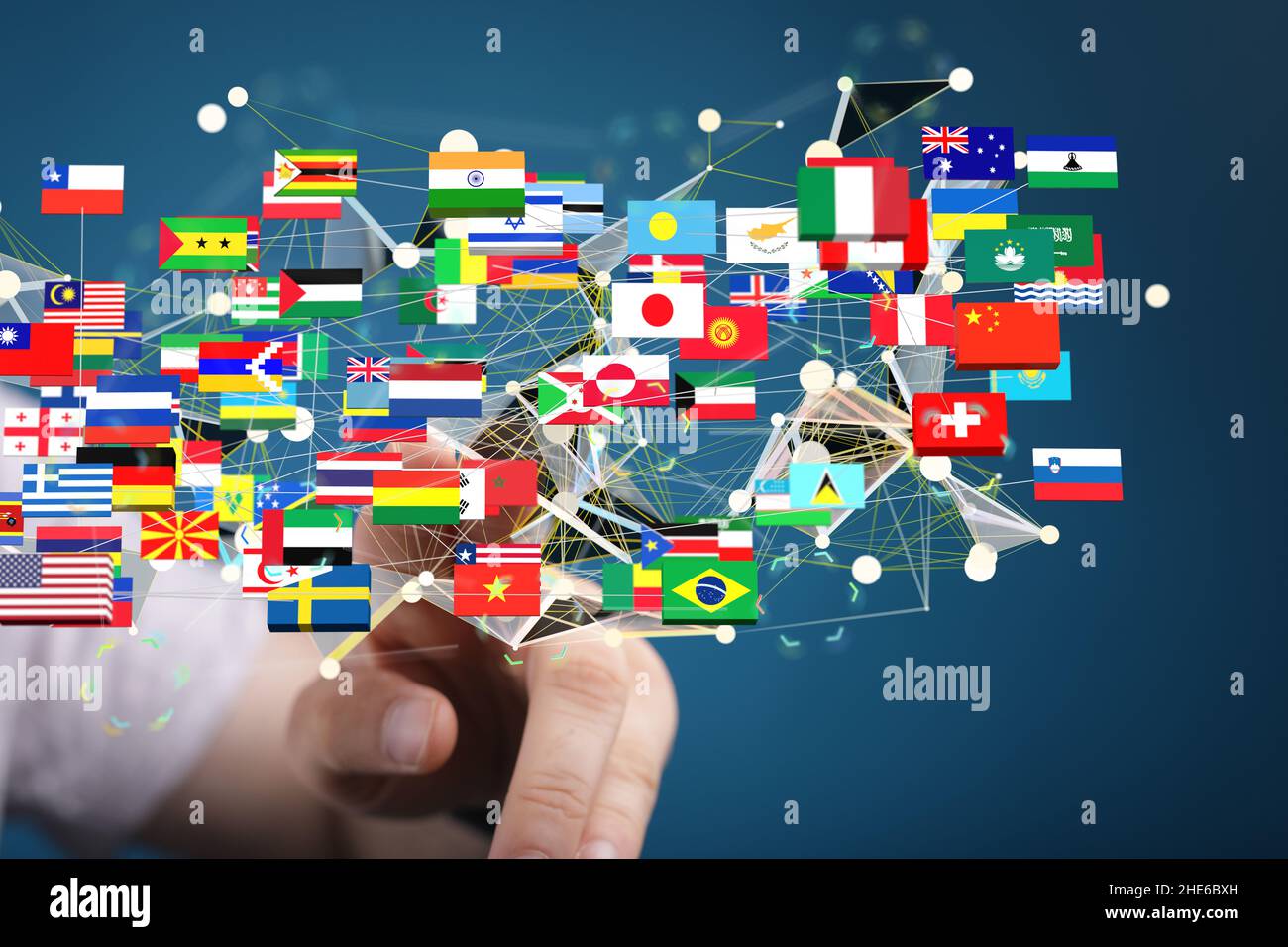 3D rendering of the world's national flags on a blurry background Stock ...