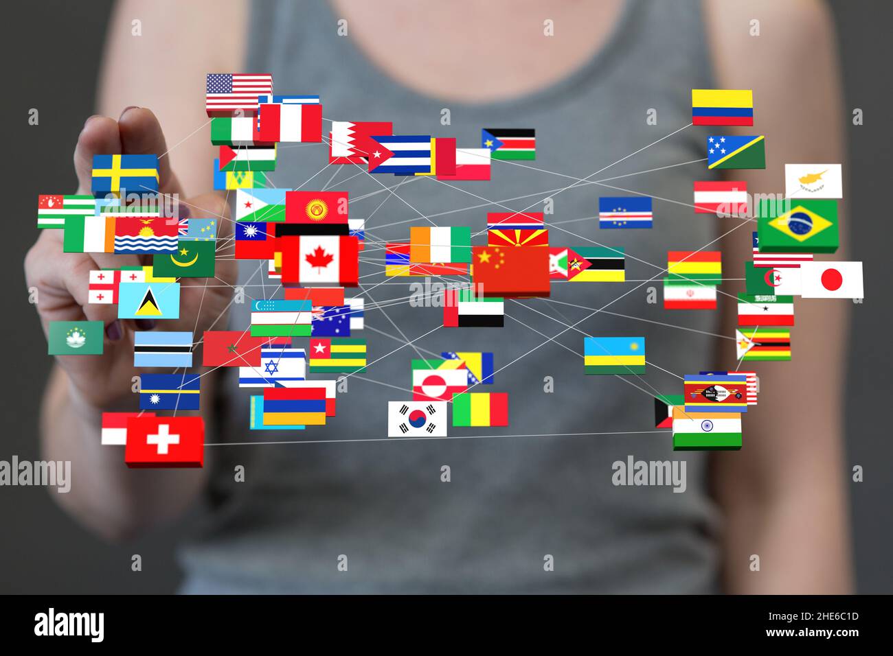 3D rendering of the world's national flags on a blurry background Stock ...