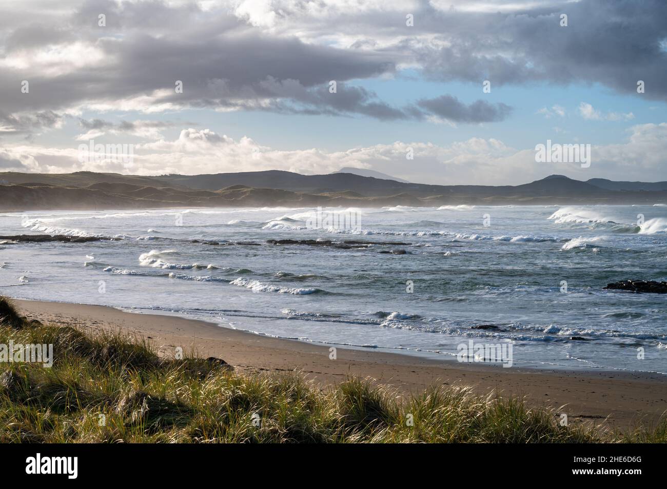 Waves on Ballyheirnan beach on the north coast of County Donegal in ...