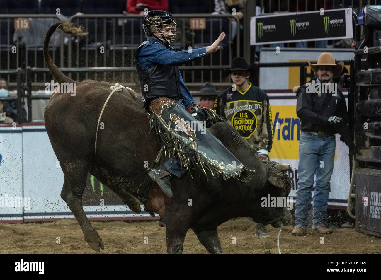New York, NY - January 8, 2022: Kyler Oliver of Roy, Utah rides a bull ...
