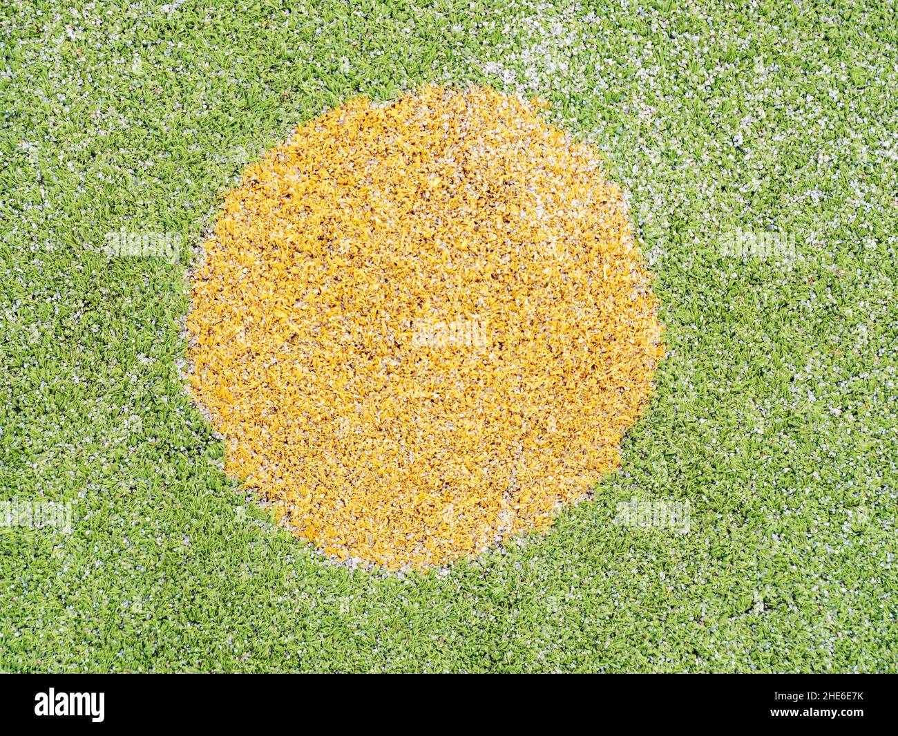 Yellow marks and lines on outdoor football or hanball playfield. Detail ...
