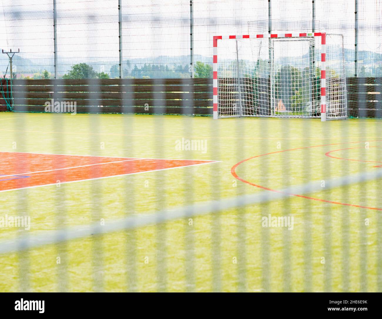 Frame and net of a soccer goal. Soccer or football goal net. Outdoor ...