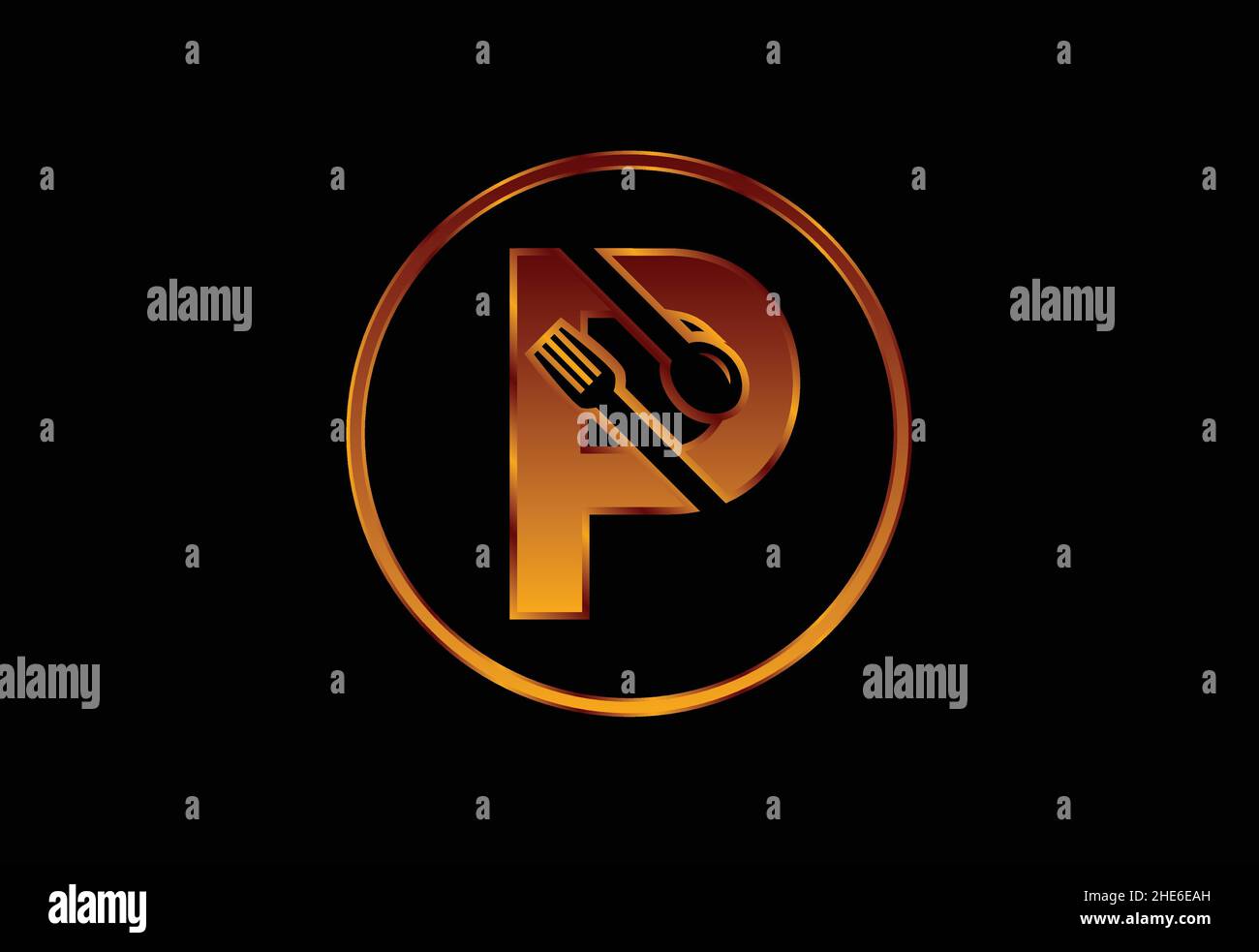 Initial P monogram alphabet with a fork, spoon. Font emblem. Modern ...