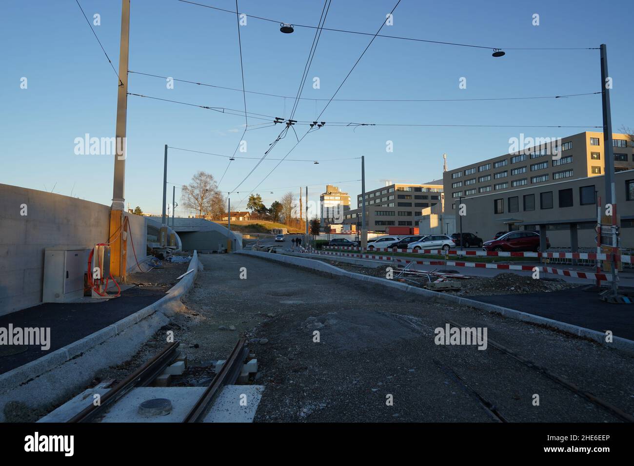 Civil engineering of street car line with a tunnel on the background ...