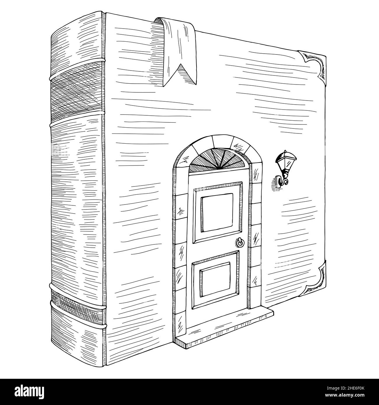 Book house exterior graphic black white sketch isolated illustration ...