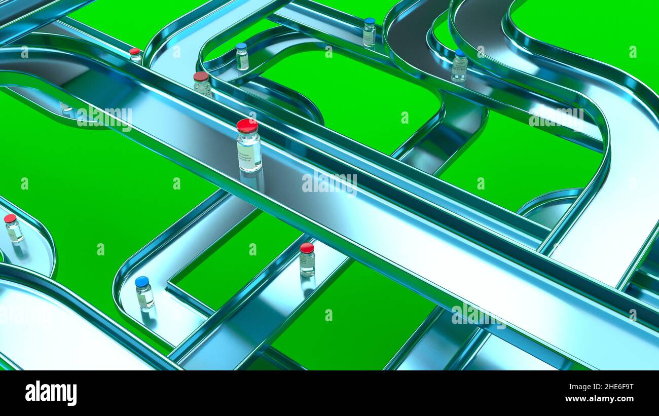 3d closeup of conveyor with vaccine ampoules Pharmaceutical ...