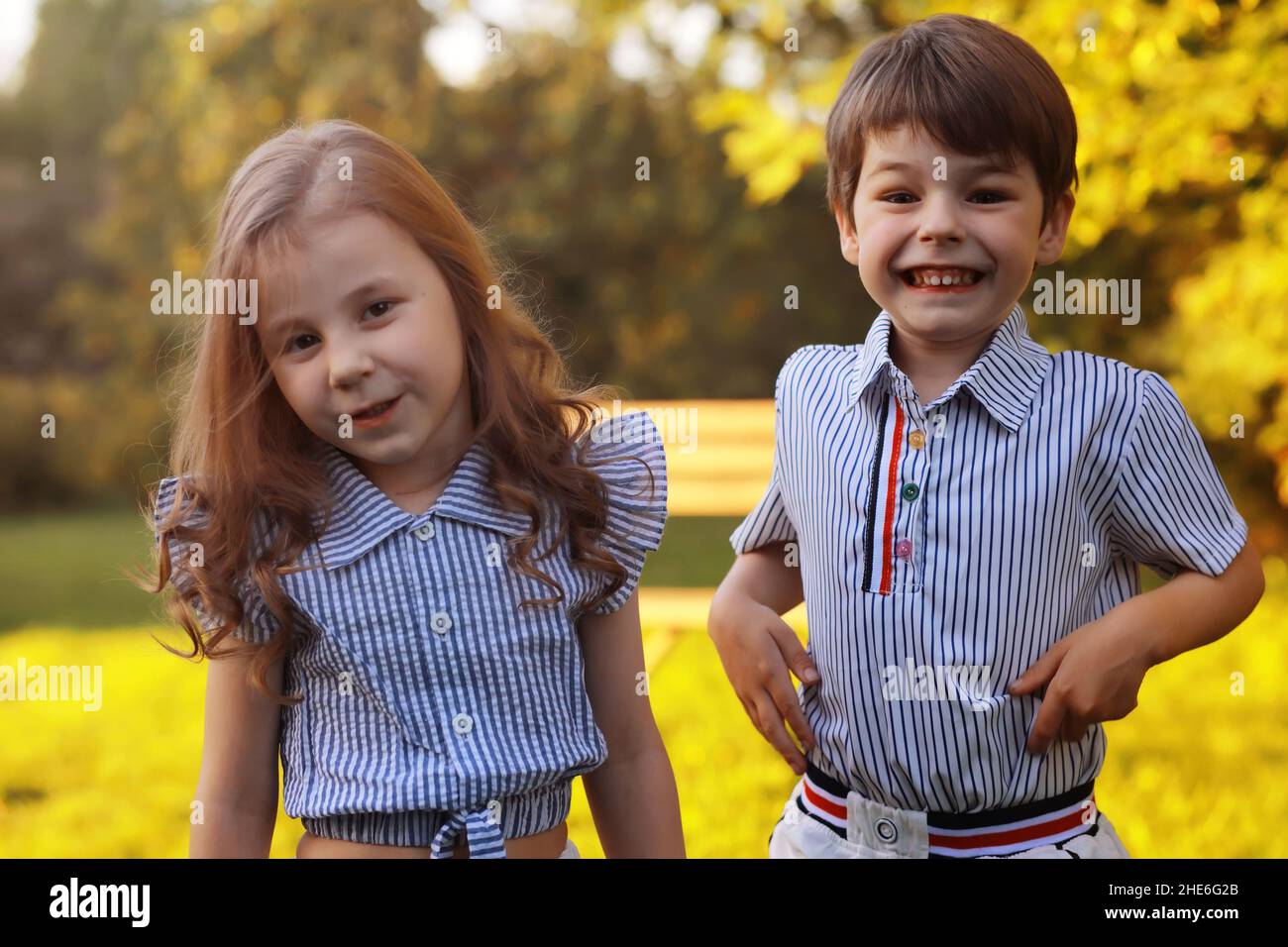 Children on a walk in the summer. Children indulge in country. Laughter ...